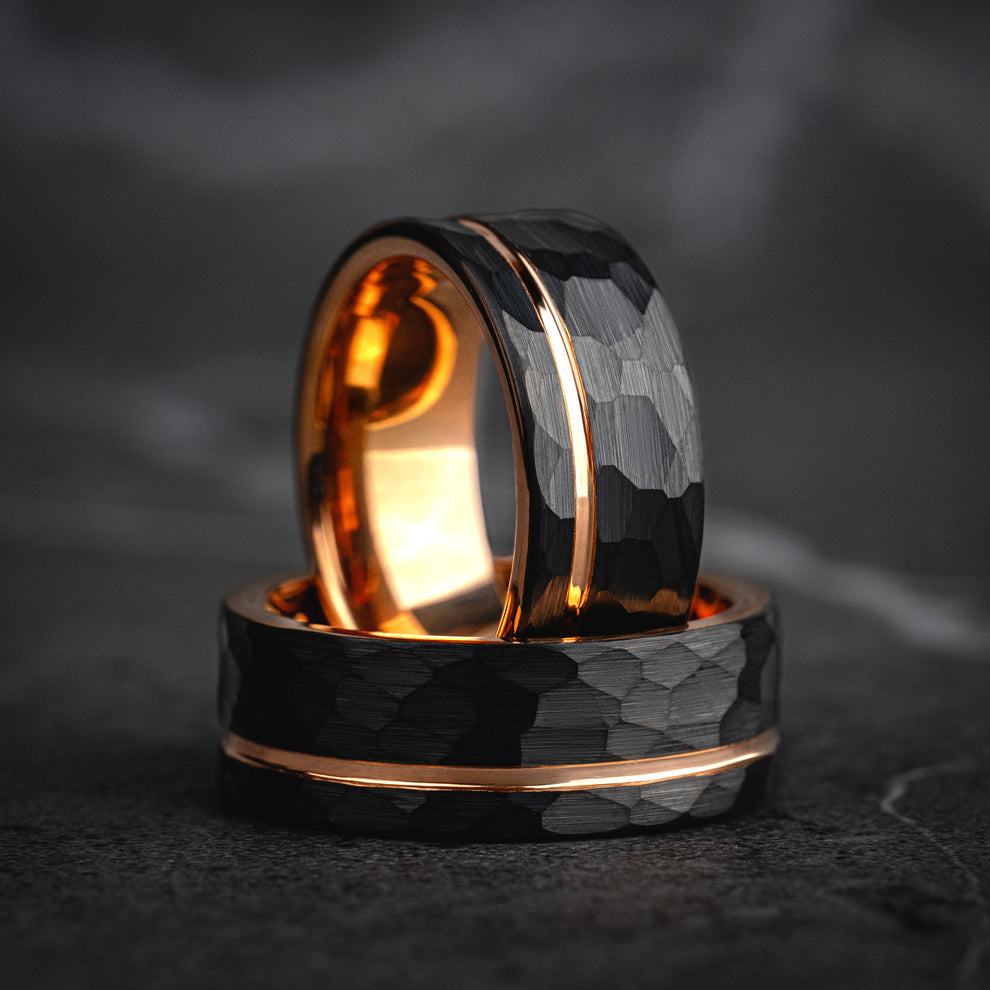 OBSIDIAN FORGE - Black Hammered Tungsten Ring with Rose Gold Accents – Majestic Forge Rings